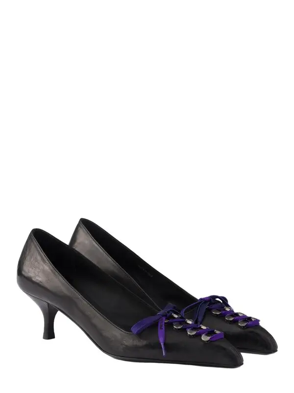 Prada Antiqued Leather Pumps With Lace Detailing - Black