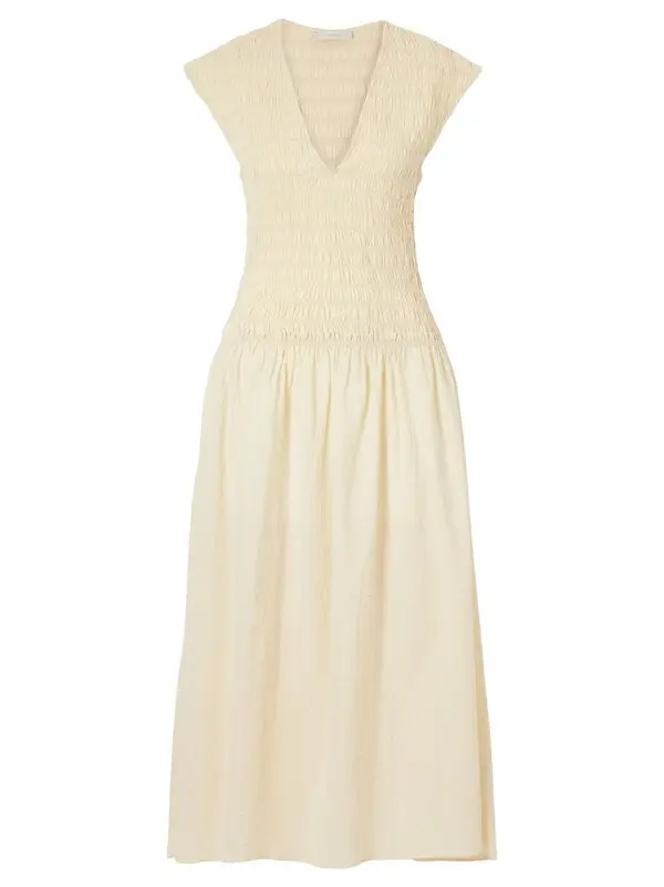 Faithfull The Brand Carmen Shirred Cotton Midi Dress - Neutrals