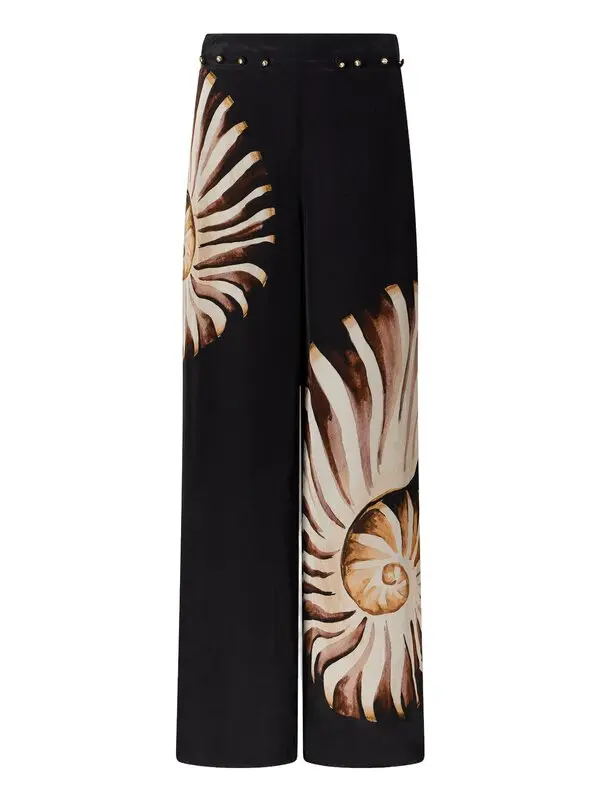Farm Rio Ammonite Printed Embellished Habotai Wide-leg Pants - Black