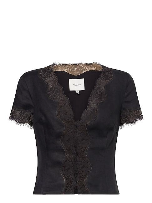 REFORMATION Brynn Lace-trim Linen Top - Black