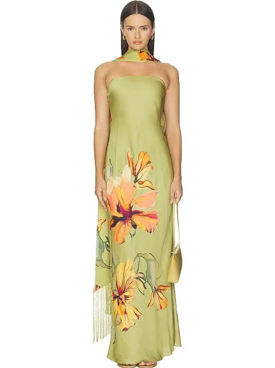 Rococo Sand Strapless Maxi Dress With Fringe Sash In . Also - Olive