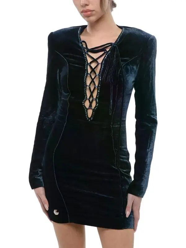 Philipp Plein Lace-up Rhinestone-embellished Mini Dress - Blue