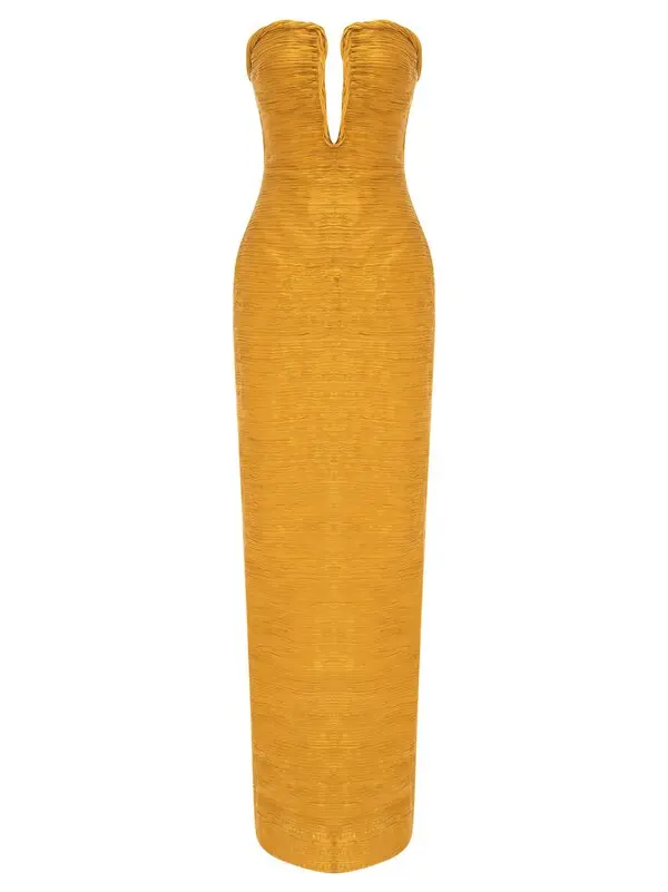 MARMAR HALIM Strapless Plissé Column Gown With Detachable Cape - Yellow