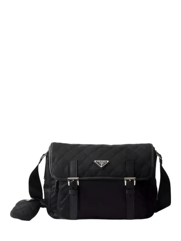 Prada Large Quilted Re-nylon Shoulder Bag With Saffiano Trim - Black