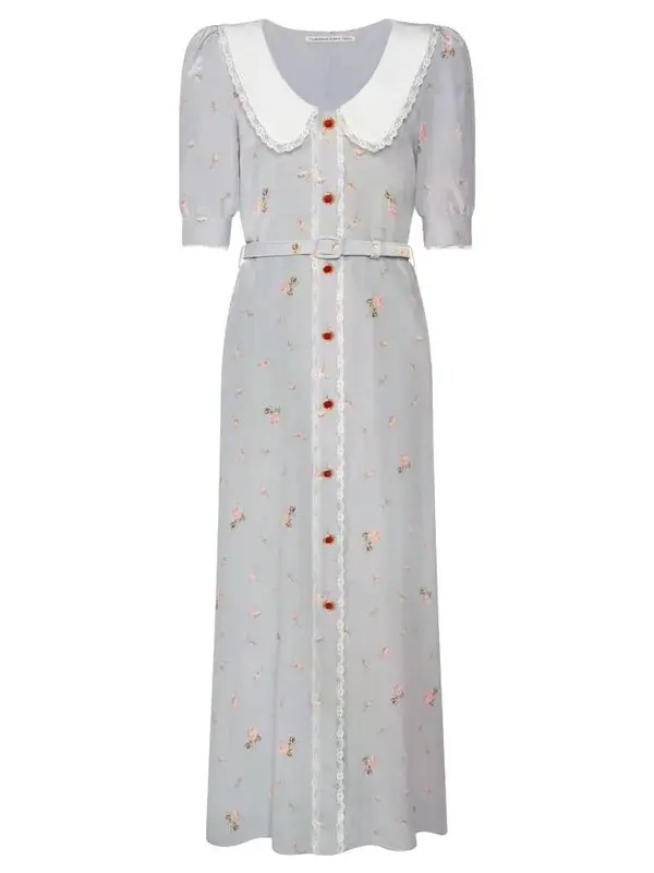 Alessandra Rich Floral-print Lace-trimmed Midi Dress - Grey