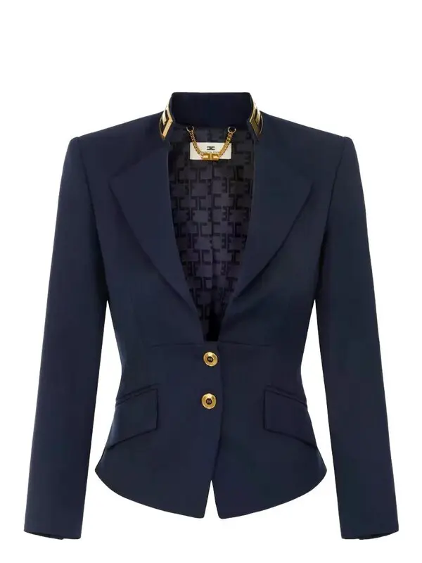 Elisabetta Franchi Jacket In Gabardine Fabric With Jewel Collar - Blue