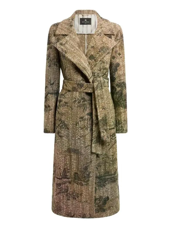 Etro Bouclé Wrap Coat With Flower And Animal Motif - Neutrals