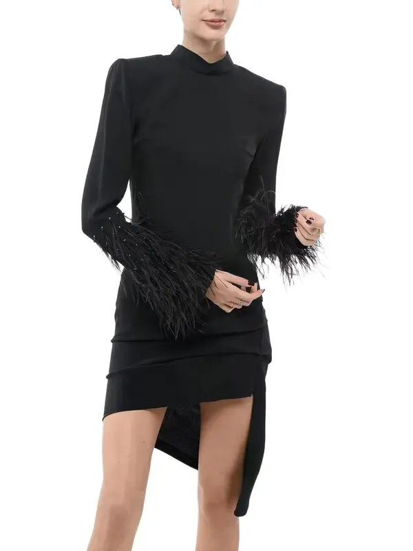 LA SEMAINE Feather-trim Open-back Mini Dress - Black