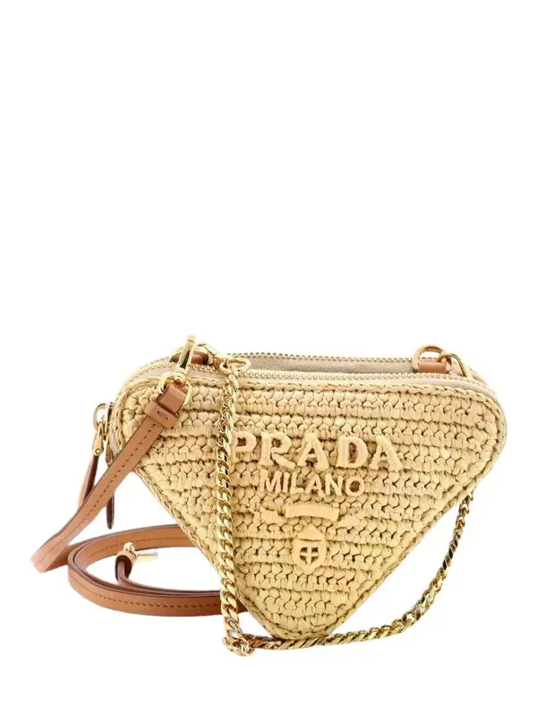 Prada Triangle Logo Zip Around Shoulder Bag Raffia And Leather Mini Crossbody Bag - Neutrals