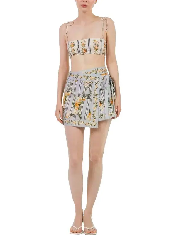 Agua Bendita Luna Valle Floral-print Linen Asymmetric Skirt - Blue