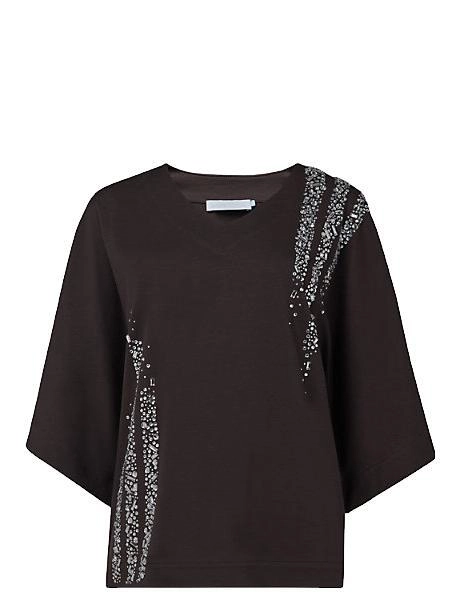 LEEM V-neck Embellished Cotton Top - Brown