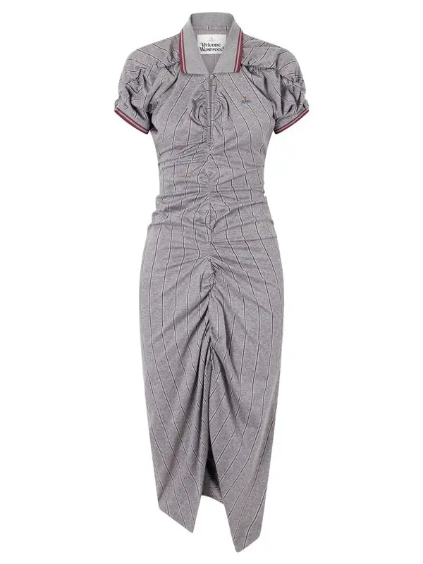 VIVIENNE WESTWOOD Logo-embroidered Striped Gathered Cotton Jersey Midi Dress - Gray