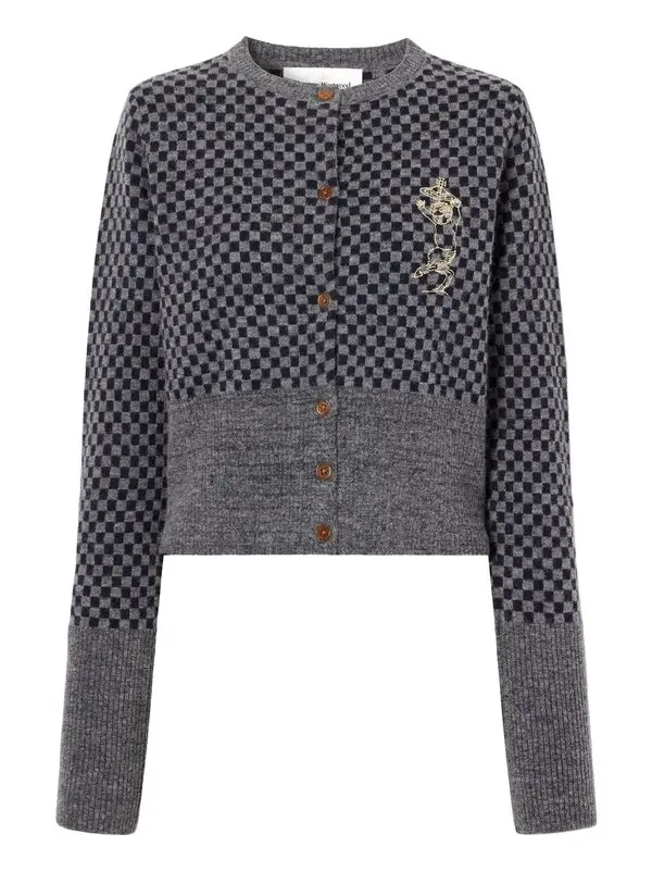 VIVIENNE WESTWOOD Checkmate Logo-embroidered Alpaca, Cotton And Wool-blend Cardigan - Gray