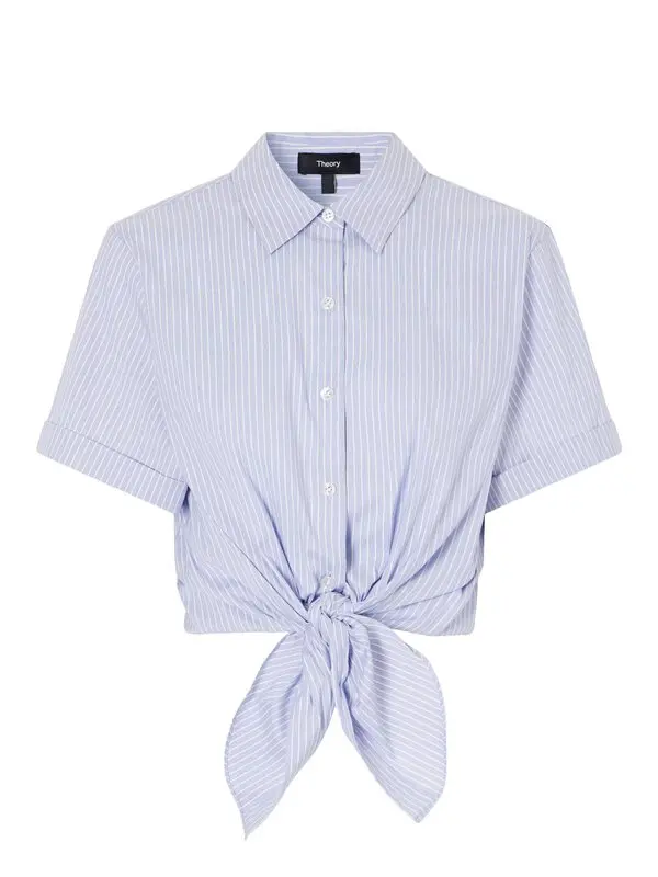 Theory Knotted Cropped Striped Cotton-blend Poplin Shirt - Blue