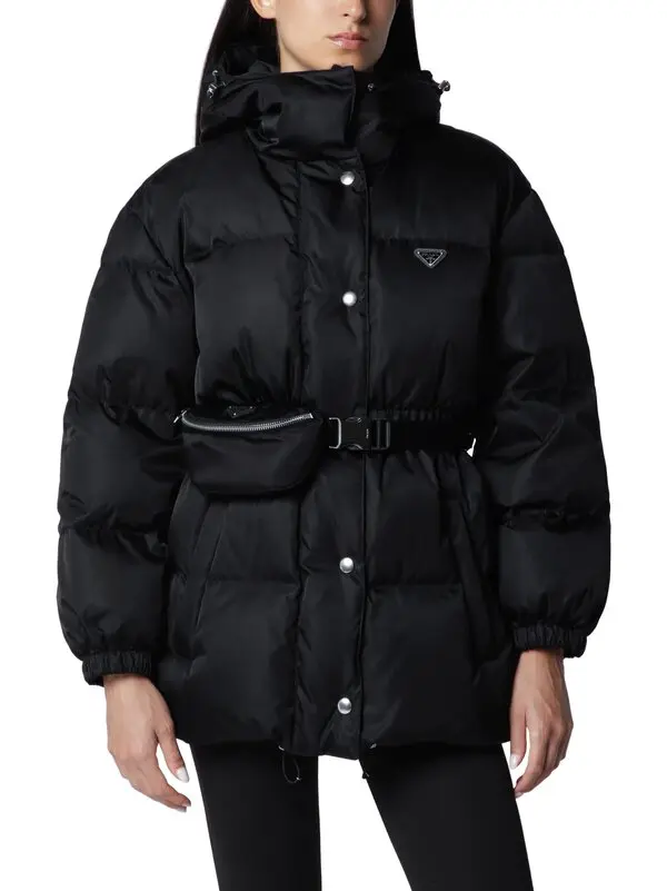 Prada Re-nylon Hooded Padded Jacket With Pouch - Black