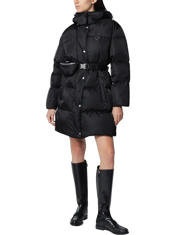 Prada Re-nylon Long Down Jacket With Belt Bag - Black