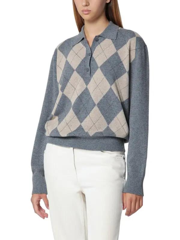 RÓHE Polo With Beige Argyle Pattern In Wool Blend - Grey