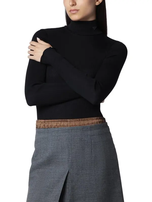 Prada Ribbed Turtleneck Sweater With Triangle Logo - Black