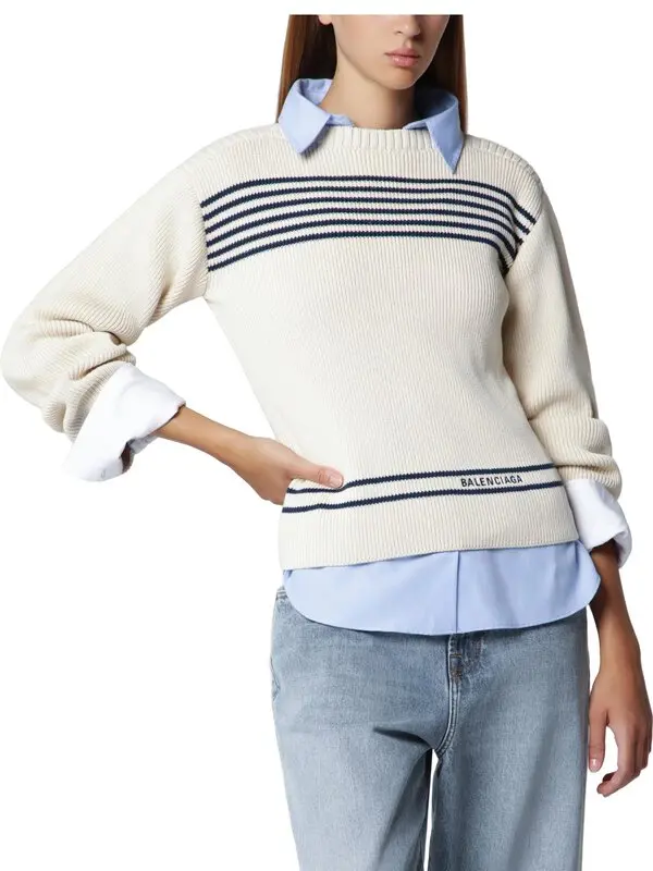 Balenciaga Boat-neck Ribbed Cotton Sweater In Navy/white - Blue