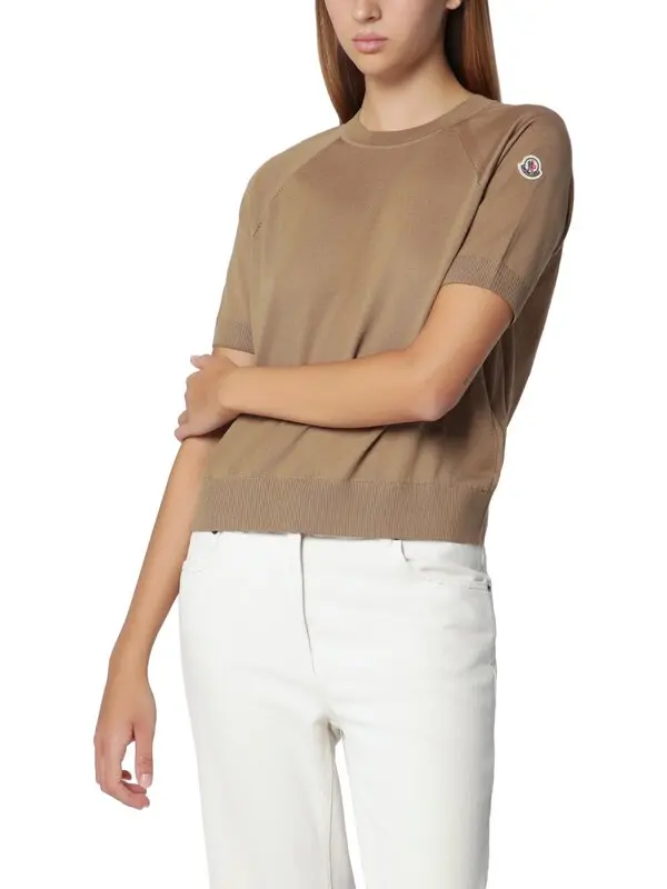Moncler Wool Sweater With Logo Patch - Beige