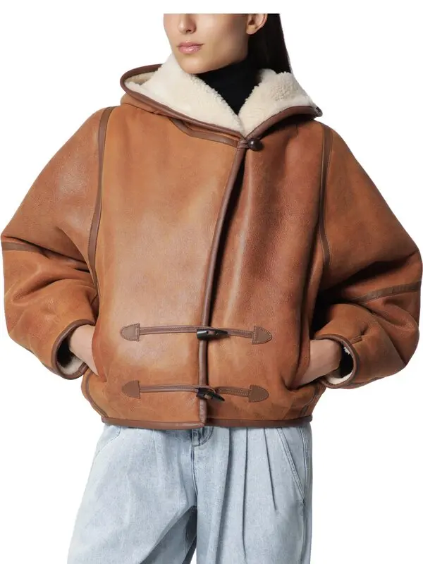 Isabel Marant Étoile Amiel Hooded Shearling Short Coat In Cognac - Brown