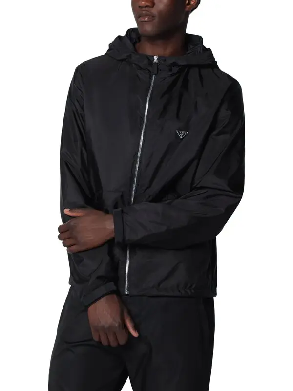 Prada Re-nylon Hooded Jacket With Enamel Triangle Logo - Black