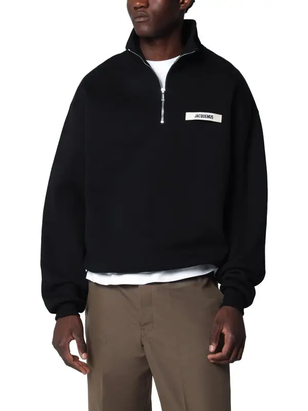 Jacquemus Zip-neck Sweatshirt With Gros Grain Logo - Black