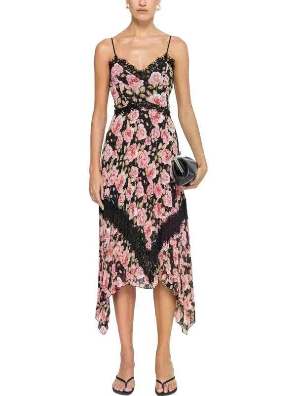 NISSA Pleated Floral Midi Dress - Black