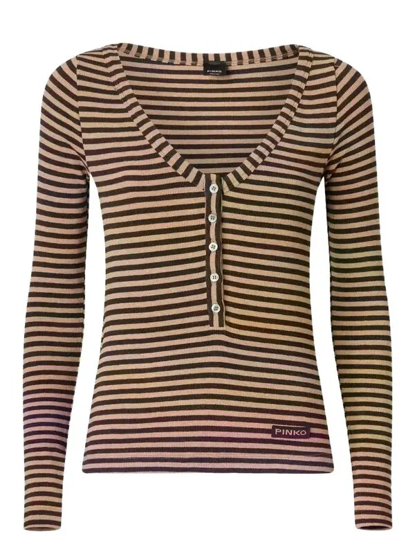 Pinko Striped Ribbed-knit V-neck Long-sleeve Top - Neutrals