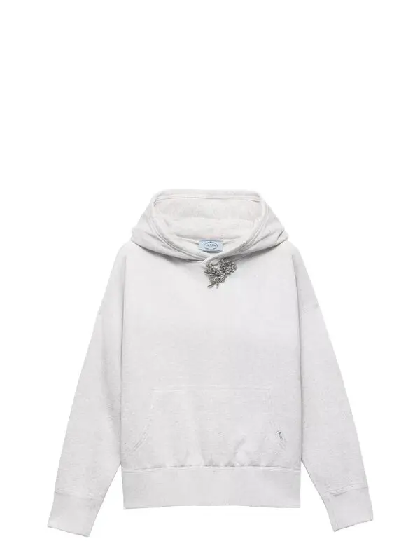 Prada Cotton Fleece Hoodie With Jewel Brooch - Grey