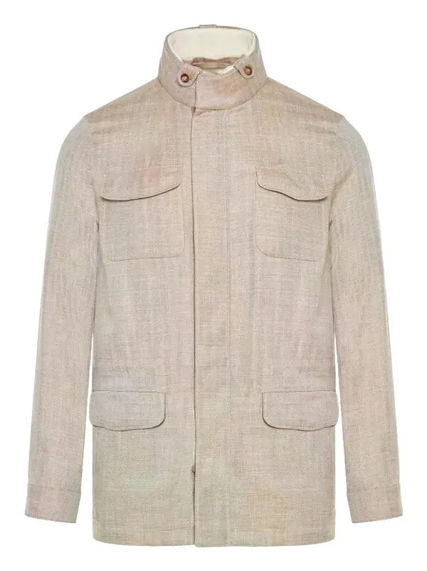 MANDELLI Herringbone-pattern High-neck Jacket - Neutrals