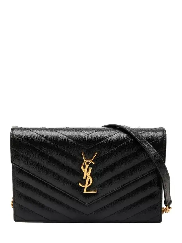Saint Laurent 2025 Grain De Poudre Chevron Cassandre Envelope Chain Wallet Crossbody Bag - Black