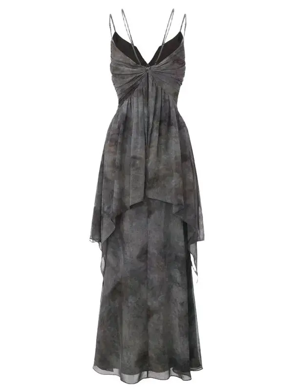 ELYWOOD Ink-wash Shirred Layered Maxi Dress - Grey