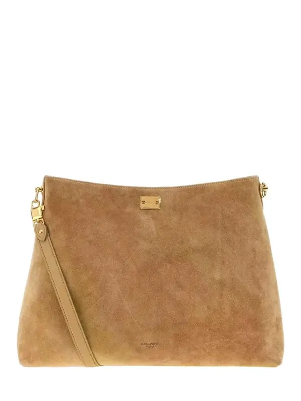 Dolce & Gabbana Logo-plaque Suede Shoulder Bag - Neutrals