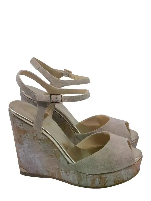 JIMMY CHOO Beige Leather Suede Ankle Strap Wedge Sandals - Neutrals