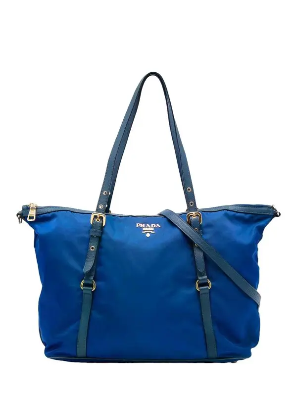 Prada 2013-2026 Saffiano Trimmed Tessuto Zip Top Convertible Tote Satchel - Blue