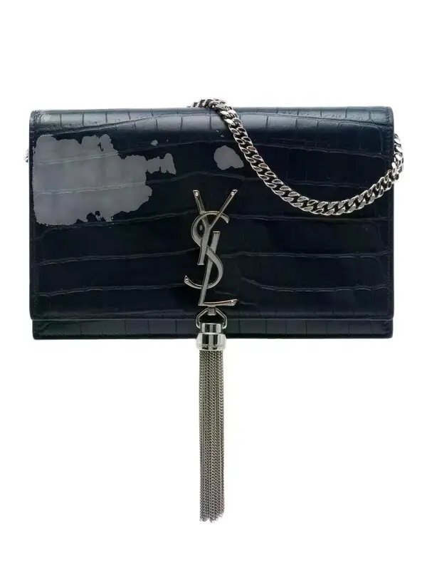 Saint Laurent 2017 Croc Embossed Leather Monogram Kate Tassel Wallet On Chain Crossbody Bag - Blue