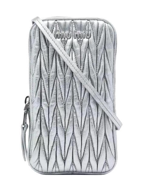 Miu Miu 2010-2026 Matelasse Metallic Nappa Phone Holder Crossbody Bag - Silver