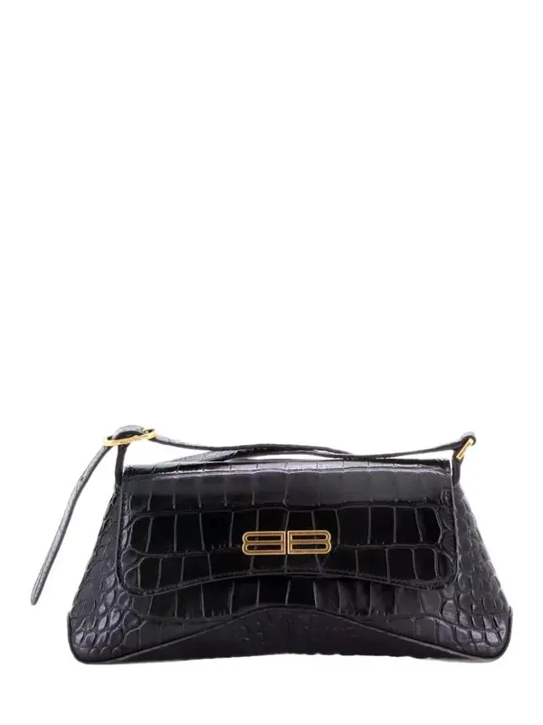 Balenciaga Xx Flap Street Shoulder Bag Crocodile Embossed Leather Small Hobo Bag - Black