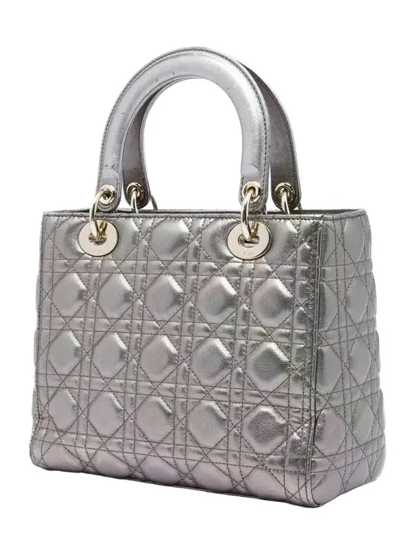 Dior 2018 Medium Metallic Lambskin Cannage Lady Satchel - Silver