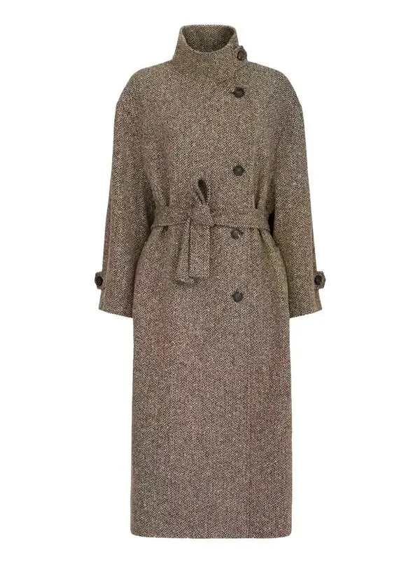 Brunello Cucinelli Sparkling Virgin Wool Chevron Belted Coat With Monili - Brown