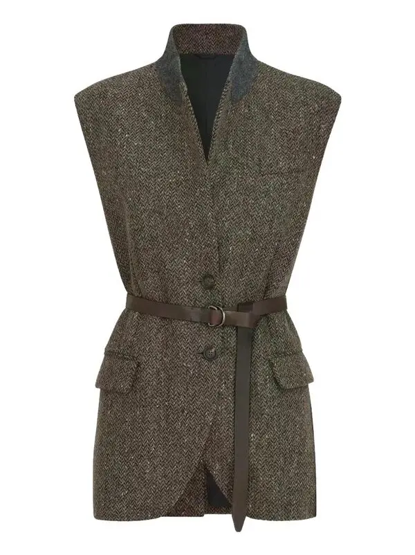 Brunello Cucinelli Sparkling Virgin Wool Chevron Vest With Leather Belt And Monili - Brown