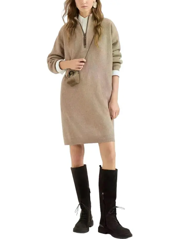 Brunello Cucinelli Virgin Wool, Cashmere And Silk Rib-knit Dress With Precious Half-zip - Neutrals