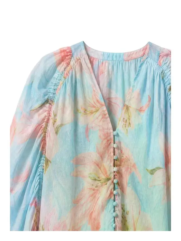 NEMA Floral Print V-neck Blouse With Puffed Sleeves - Blue