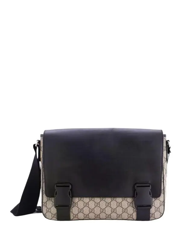 Gucci Double Buckle Flap Messenger Bag Gg Coated Canvas With Leather Medium Crossbody Bag - Black