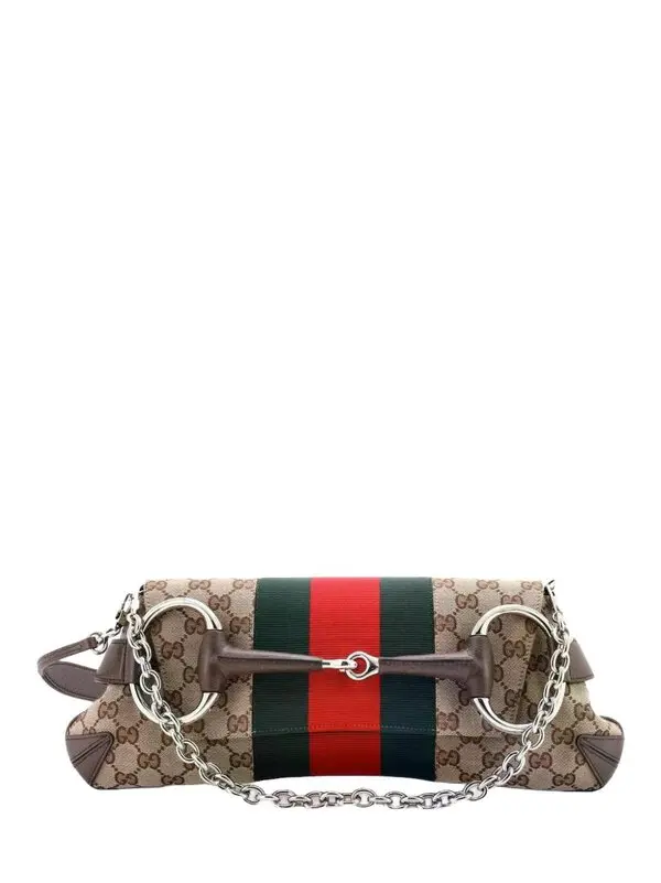 Gucci Horsebit Nm Web Chain Clutch Gg Canvas Medium Shoulder Bag - Brown