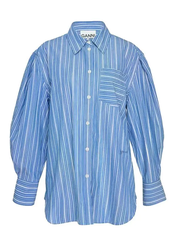 GANNI Stripe-print Pleated-sleeve Shirt - Blue