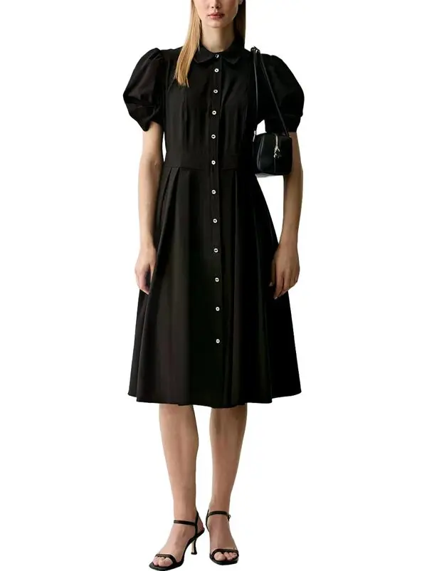 Dkny Puff-sleeve Pleated Midi Dress - Black
