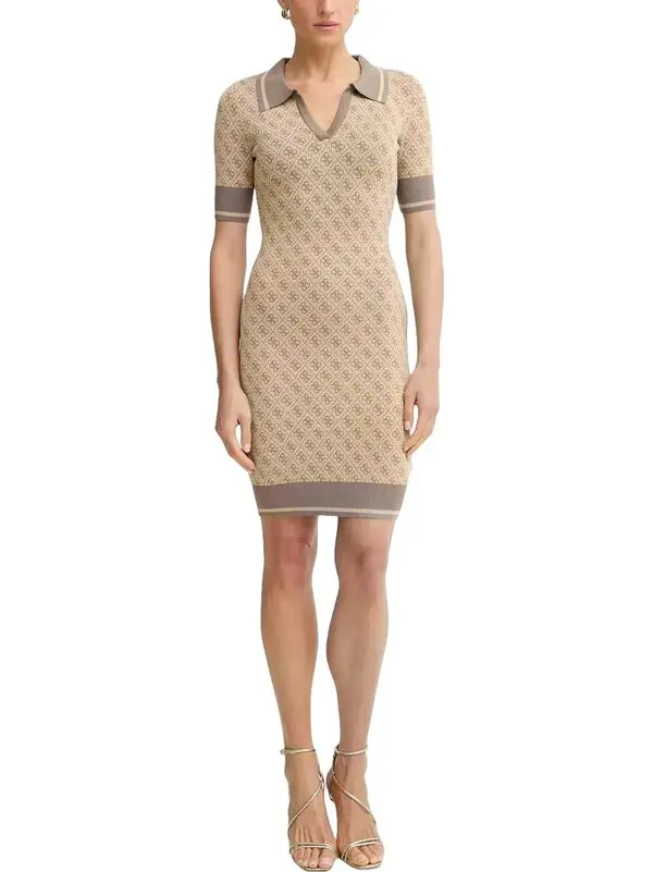 Guess Monogram Detail Short Sleeve Mini Dress - Neutrals