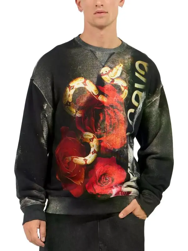 Roberto Cavalli Rose-print Faded-effect Sweater - Black